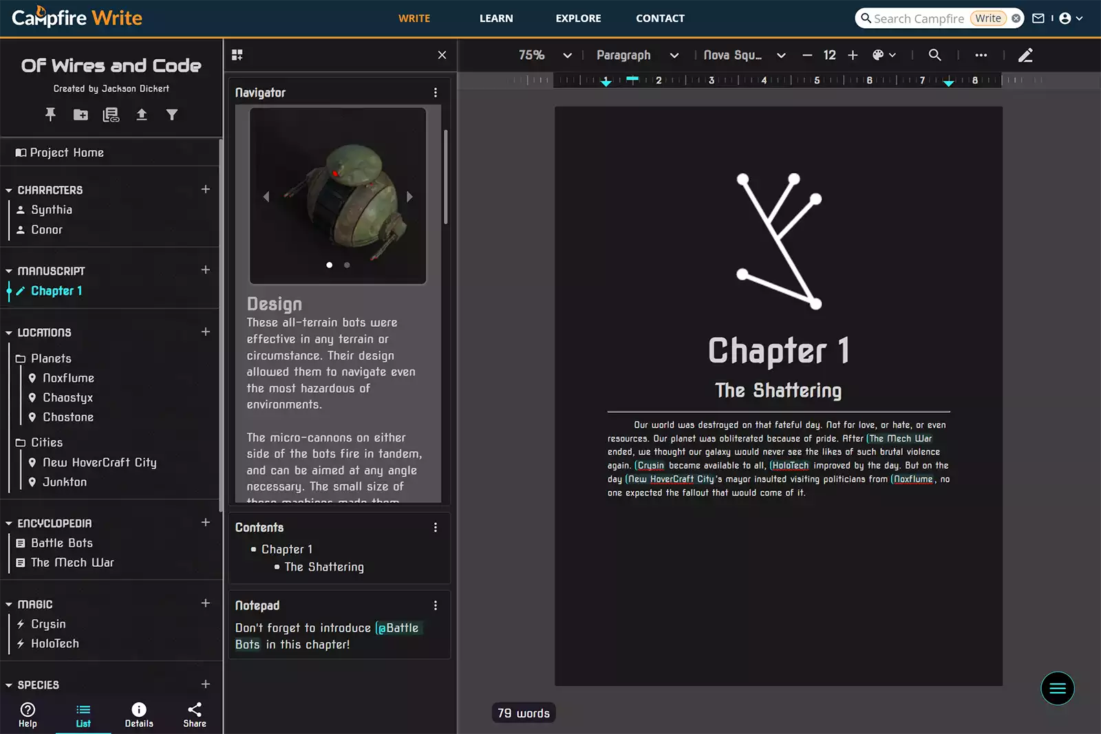 Campfire - Writing Software for Science Fiction Authors